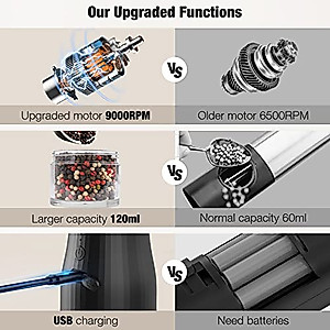 Electric Automatic Salt or Pepper Grinder, Pepper or Salt Mill Grinder USB Rechargeable, Upgraded Ultra-Larger Capacity with 3 Replaceable Container, LED Light, One Hand Operated