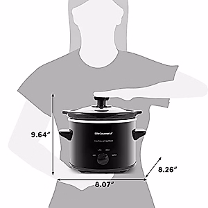 Elite Gourmet MST239X Electric Round Slow Cooker, Adjustable Temp, Entrees, Sauces, Stews & Dips, Dishwasher Safe Glass Lid & Crock, 2 Quart, Black