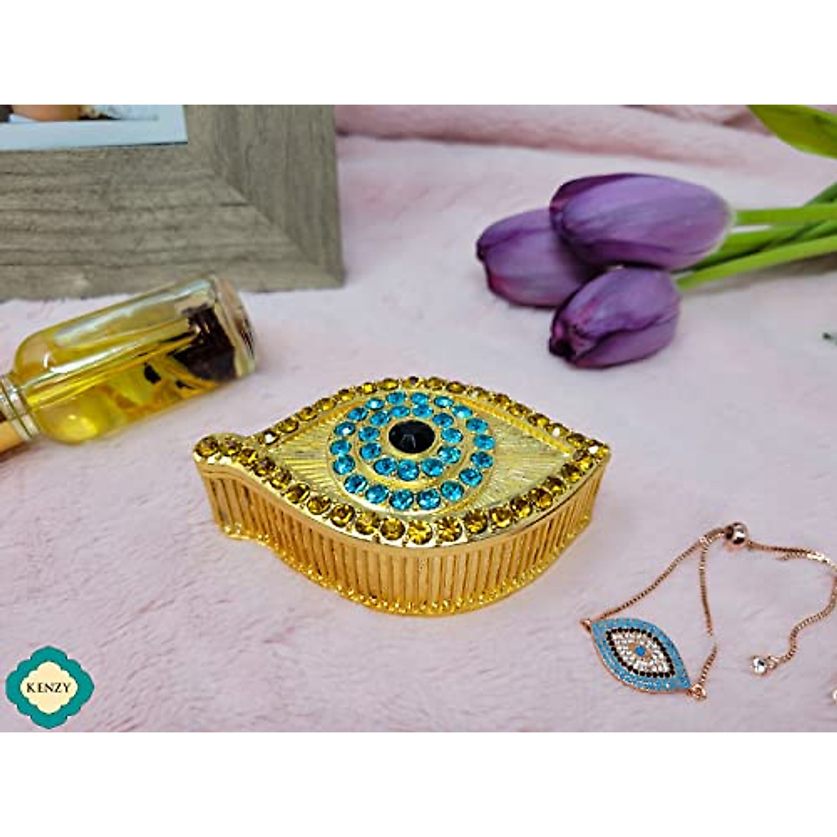 Swarovski Evil Eye Bracelets Box - Evil Eye Decor - Gold Bracelets Evil Eye Trinket Boxes, Gifts Golden Blue-Eye jewelry boxes for women & Girls -Travel Jewelry Organizer (Gold)