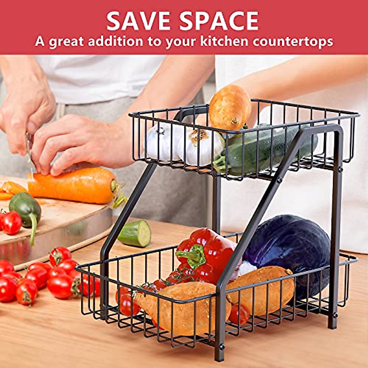 MaraFansie 2-Tier Fruit Basket Countertop Fruit Bowl Bread Basket Vegetable Holder Storage Stand, Black