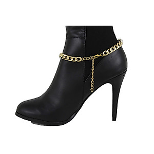 Women Western Fashion Anklet Boot Chains Bracelet Gold Metal Bling Ring Beads Round Shoe Charm