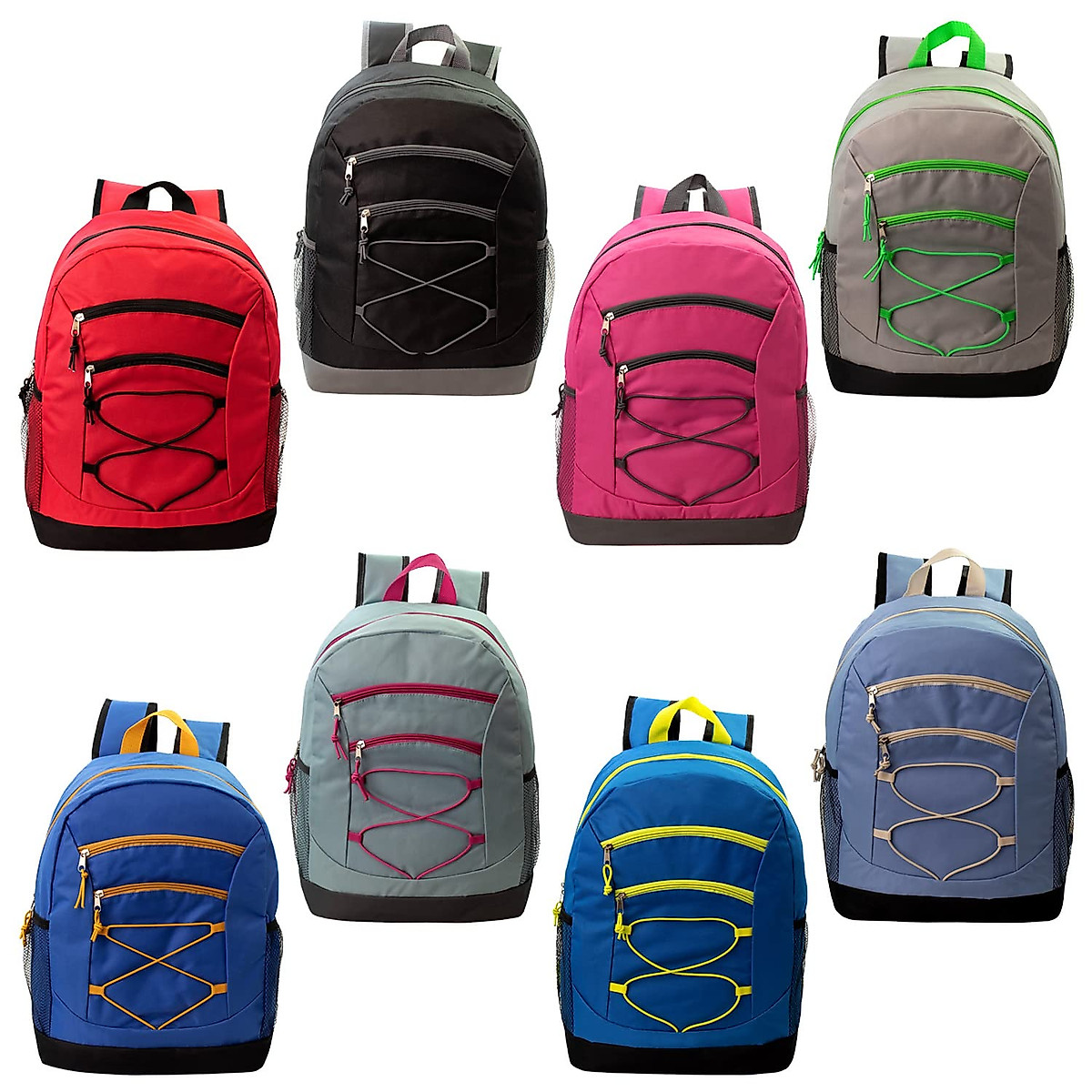 Moda West 24 Pack - 17 Inch Classic Wholesale Bungee Backpacks in 8 Assorted Colors - Bulk Case of Bookbags
