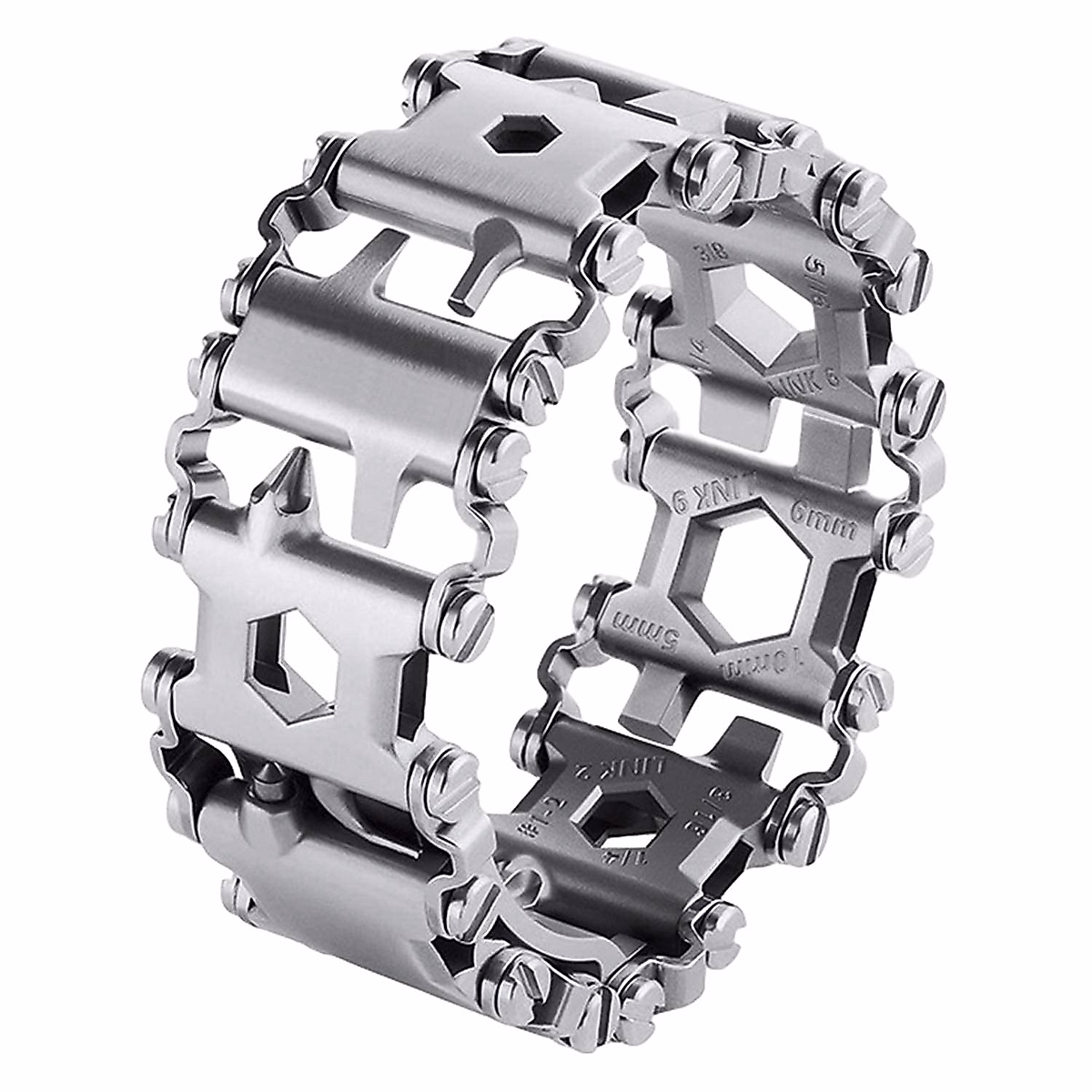 ONELANKS Stainless Tool Bracelet for Men Compatible for LEATHERMAN TREAD and Watch Band 29 in 1 Survival Hiking Camping Travel Friendly Multitools Wearable Bracelet （Silver）