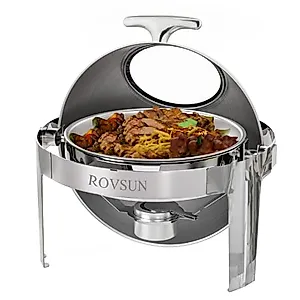 ROVSUN Roll Top Chafing Dish Buffet Set,6 Quart Round Stainless Steel Chafer for Catering,Buffet Servers and Warmers Set with Glass Window for Wedding, Parties, Banquet, Events，Graduation