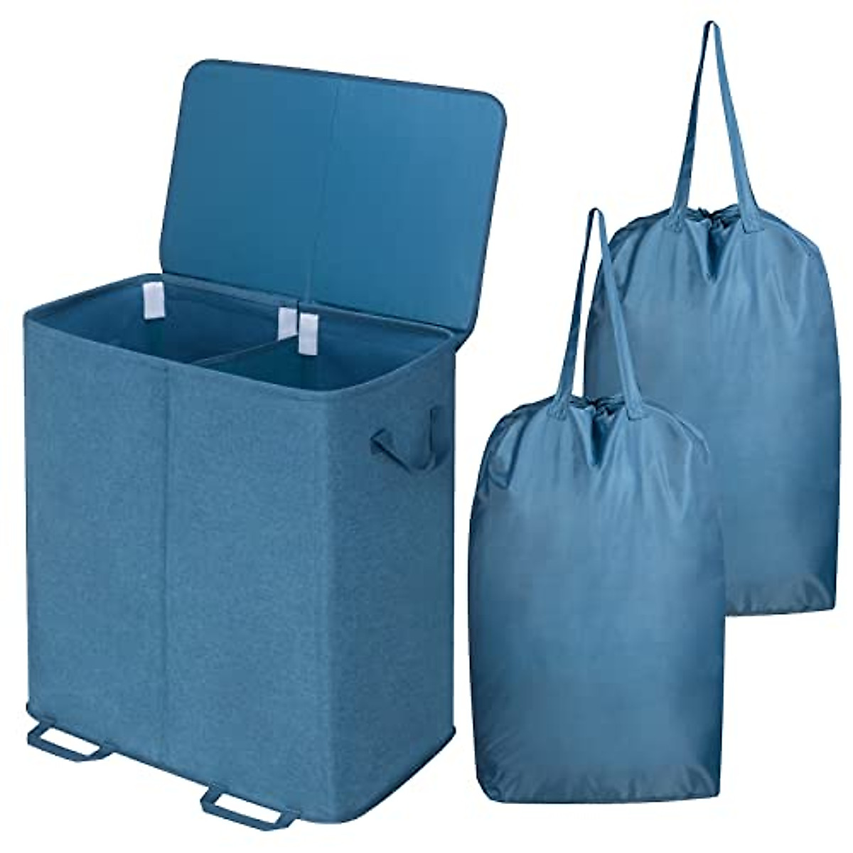 Lifewit Double Laundry Hamper with Lid and Removable Laundry Bags, Large Collapsible 2 Dividers Dirty Clothes Basket with Handles for Bedroom, Laundry Room, Closet, Bathroom, College, Grey and Blue