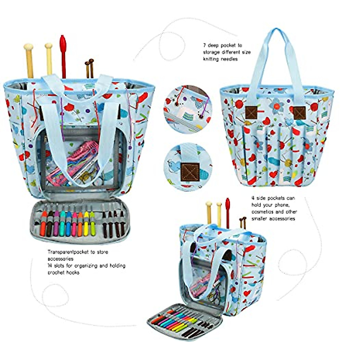 KOKNIT Knitting Tote Bag, Portable Knitting Yarn Storage Bag for Carrying Project with Pockets for Crochet Hooks, Knitting Needles and Accessory, Stylishly Designed Can be Matched with Any Outfit
