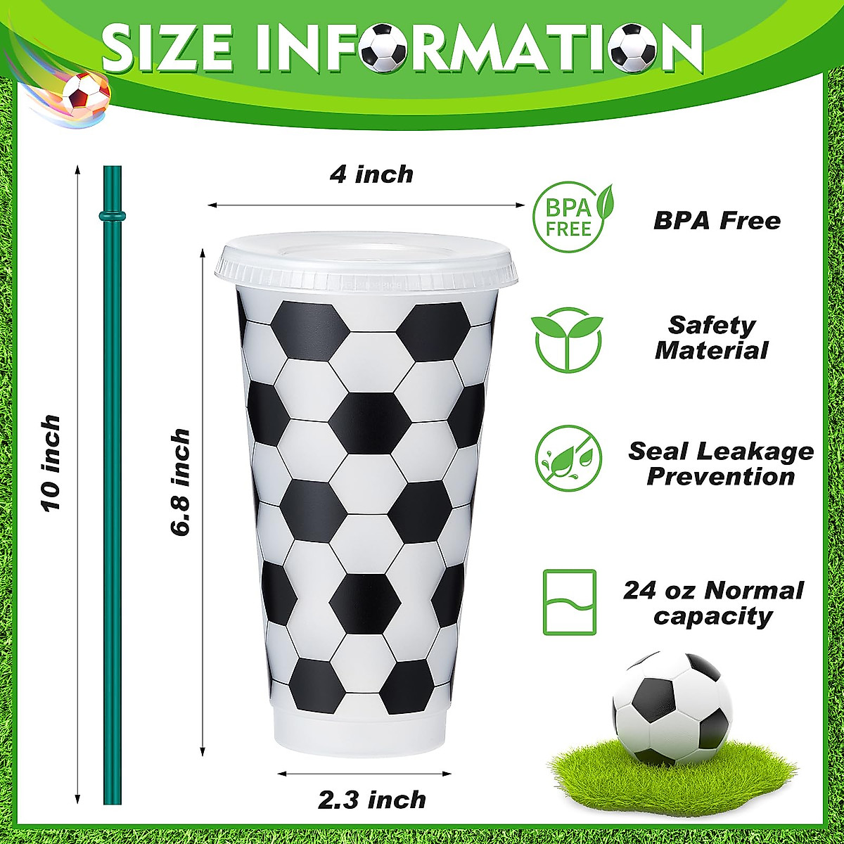 Uiifan 12 Pcs Plastic Tumbler with Lid and Straw Theme Cups 24oz Reusable Cups Gifts for Men Women Birthday Party Supplies Favors(Soccer)