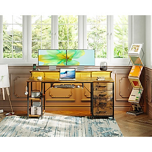 AODK 63 Inch Computer Desk with Power Outlet and LED Light, Office Desk with Fabric Drawer and Keyboard Tray, Gaming Desk with Adjustable PC Shelf and Monitor Stand, Desk for Bedroom with USB, Vintage
