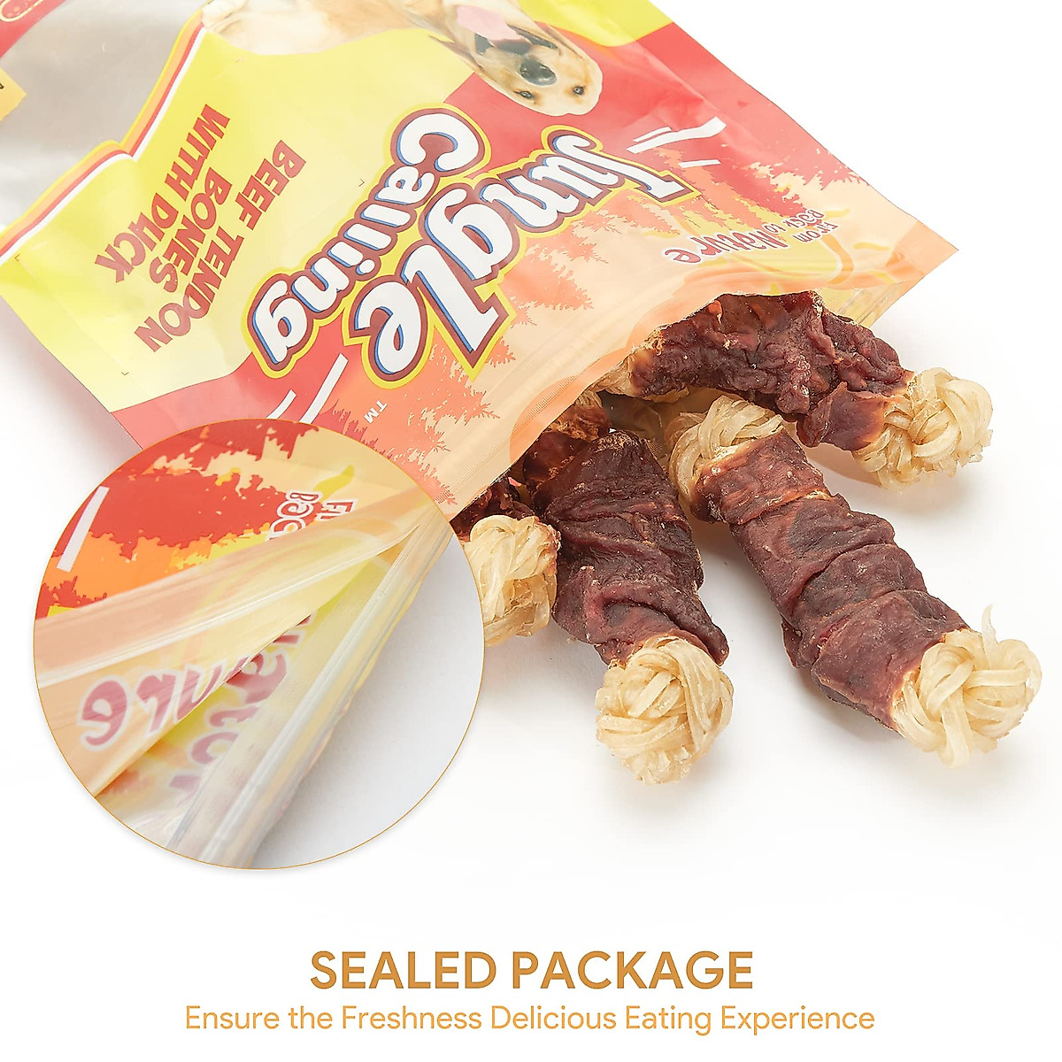 Jungle Calling Beef Tendons for Dogs, Duck Wrapped Tendons Dog Chews Long Lasting Hip and Joint Supplement for Dogs with Glucosamine (Knotted Bone)