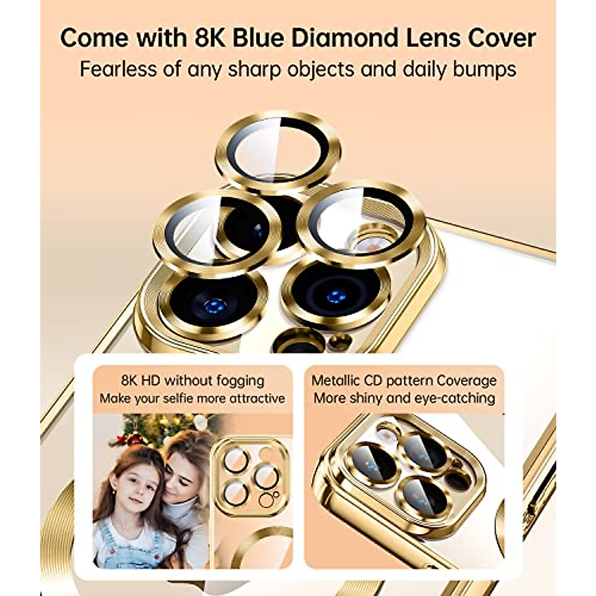 JUESHITUO Magnetic Glossy Clear for iPhone 12 Pro Max Case with Full Camera Cover Protection [No.1 Strong N52 Magnets] [Military Grade Drop Protection] for Women Girls Magsafe Case (6.7")-Gold