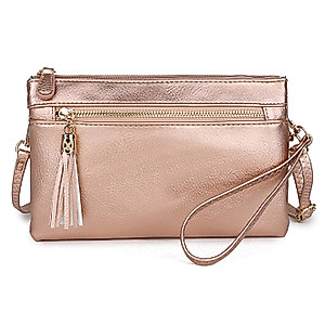 Women's Lightweight Multi Compartment Wristlet Clutch Wallet Crossbody Bag - (WU021-ROSE GOLD)