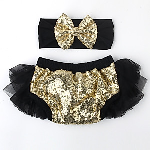 Slowera Baby Girls 2PCS Sets Cotton Tulle Sequins Diaper Cover Bloomers and Headband (Black Gold, S: 0-6 Months)