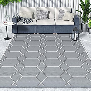 GENIMO Outdoor Patio Rug 6x9 Waterproof, Reversible Mats, Plastic Straw Area Rug, Geometric Rv Mat for Patio Camping Picnic Backyard Deck Balcony Porch Beach Trailer (Grey & White)