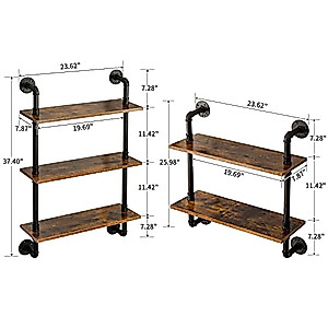 YMYNY Industrial Pipe Shelf Bracket, 2 Tiers and 3 Tiers Retro Wall Mounted Floating Shelf, 24" Farmhouse Bathroom Shelving, Set of 2