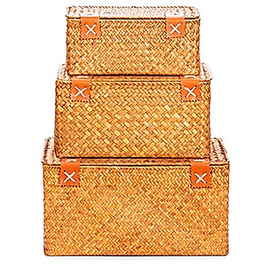 Komely set of 3 Seagrass Shelf Baskets with lids,Decorative Rectangular Storage Baskets with Lids, Handwoven Wicker storage Bins, Stackable Storage Boxes