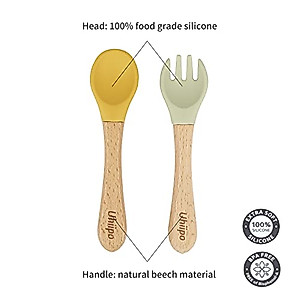 Baby Self Feeding All Natural Beech Wood Fork and Spoon Set - BPA Free, Toddler Tableware, Suitable For Stage 1 Babies - Soft Curved Food Grade Silicone Head, Gum Friendly Training (PINK)