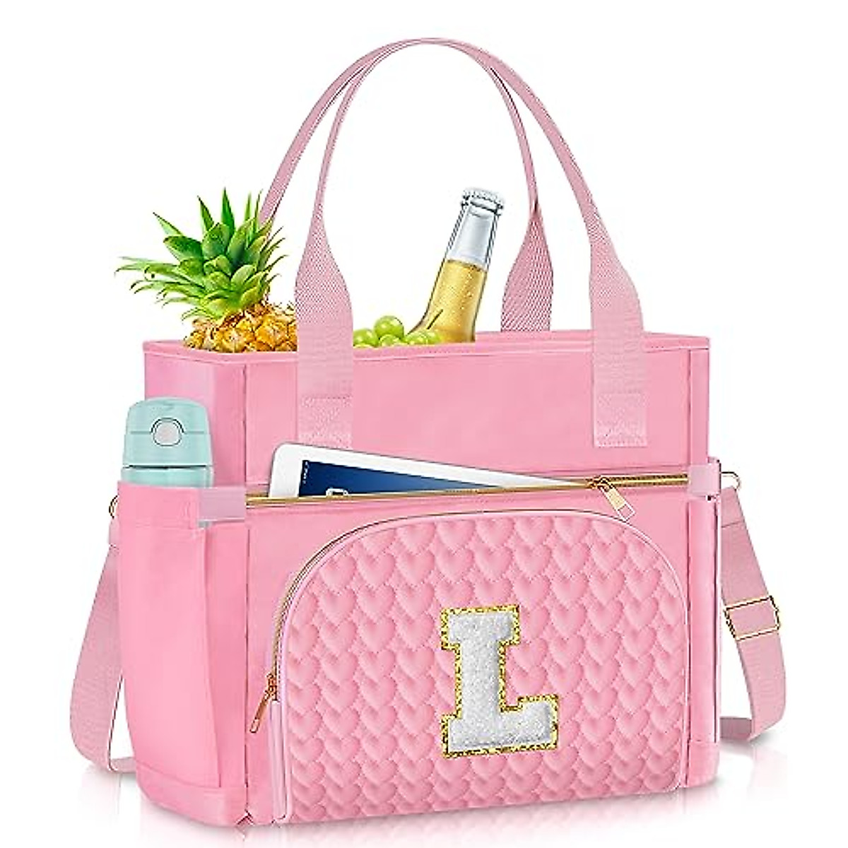 QLOVEA Large Lunch Bag Lunch Box for Women - Personalized Initial Lunch Cooler Box for Work, Portable Lunchbox Insulated Lunch Bags with Side Pocket, Great Gifts Lunchbag for Office Picnics Letter L