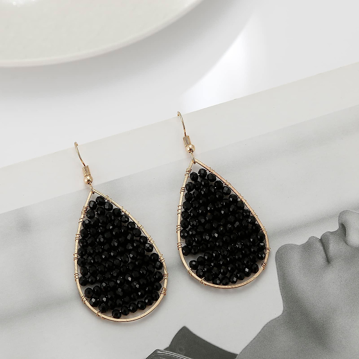 Winssigma Turquoise Teardrop Earrings, Boho Colorful Beads Gold Hoop Earrings for Women Bohemian Jewelry(Teardrop Black Crystal)