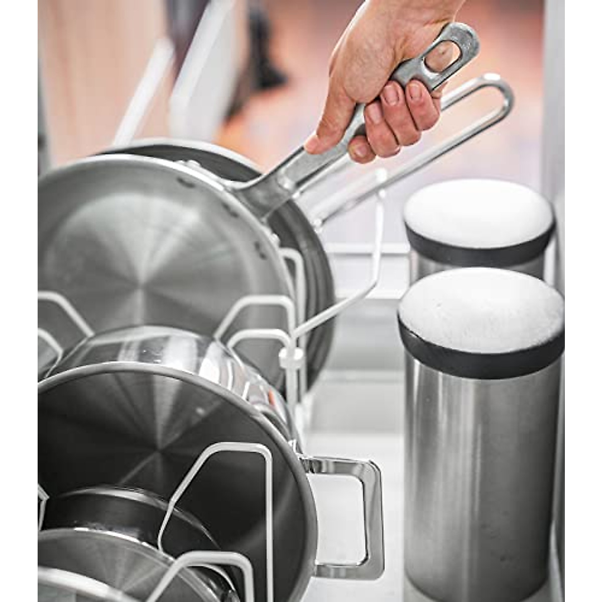 YAMAZAKI home 3840 Adjustable Lid & Pan Organizer-Kitchen Drawer Storage Shelf Rack, One Size, White