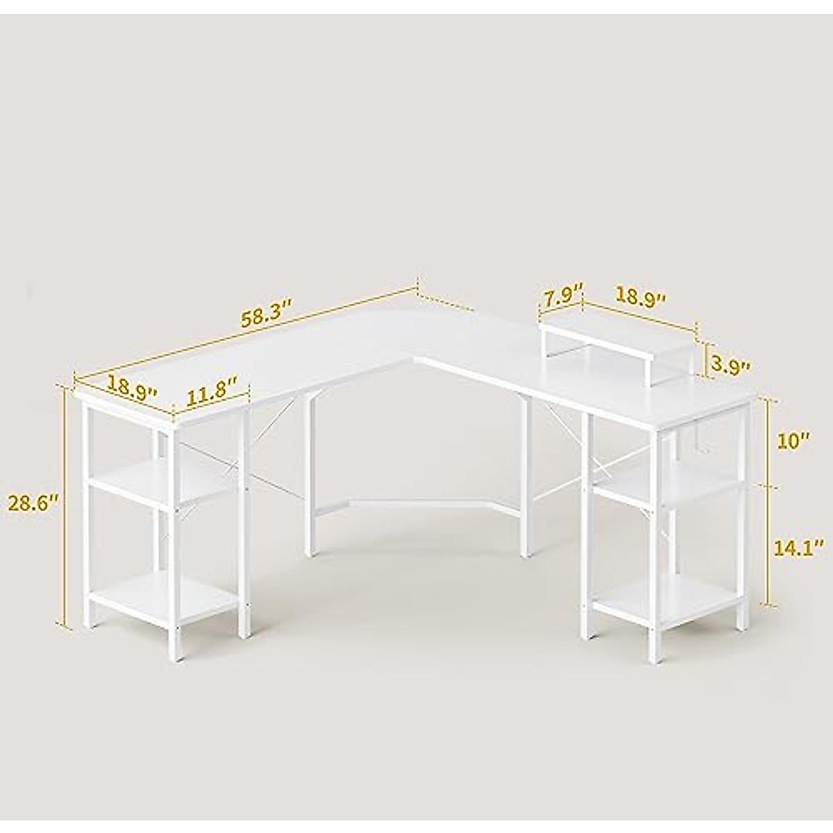 CubiCubi L Shaped Desk, 58.3 inch Computer Corner Desk with 2 Storage Shelves, Home Office Desk with Monitor Stand, White