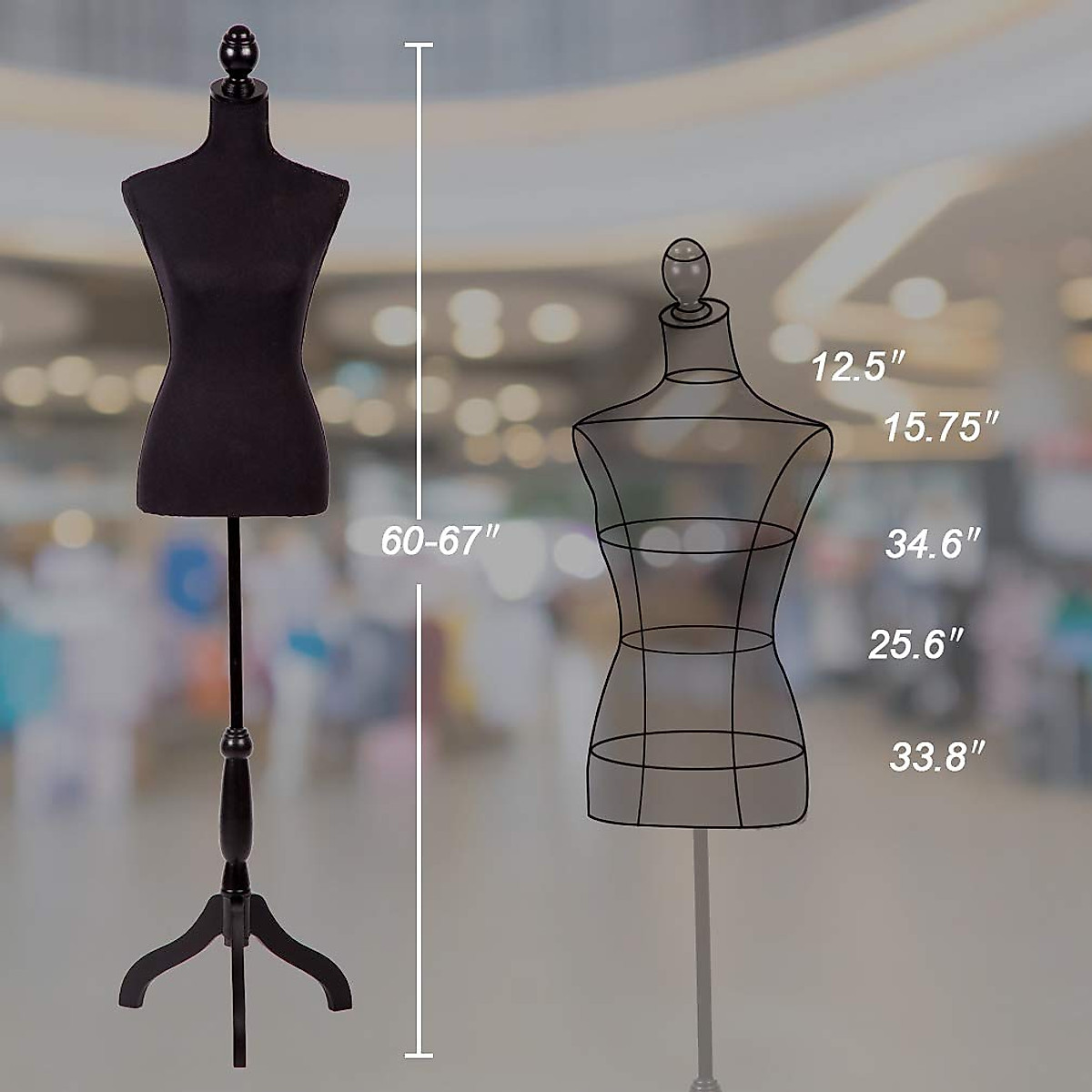 FDW Manikin 60”-67”Height Adjustable Female Dress Model Display Torso Body Tripod Stand Clothing Forms, Black