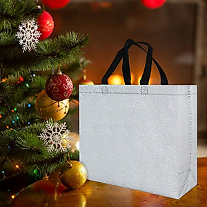 CHENGBAI TOTE Silver Reusable Gift Bags 12 Pcs, Holiday glitter bag Bulk with Base, Flashing Non Woven Gift Bags for Gift Wrapping, Birthdays, Weddings, Party, Christmas