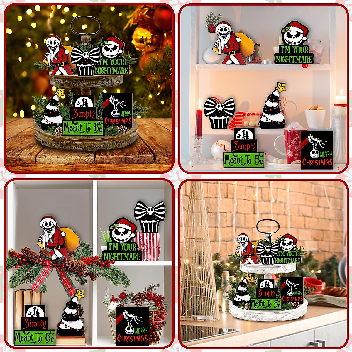 Guoofu Christmas Tiered Tray Decor, Night. mare BE Fore. Xmas Tray Decorations, Jack Skellington Santa Black Christmas Tree Wooden Signs, Rustic Holiday Home Decor for Tabletop Mantel