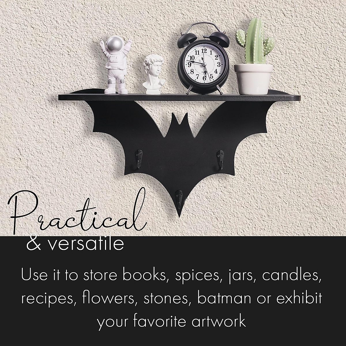 SEREIINO Spooky Bat Floating Shelf - Gothic Wall Coffin Shelf for Bedroom - Halloween Batman Wall Decor for Oddities and Curiosities - Black Crystal Shelves with 3 Key Hooks - Witchy Gifts for Women