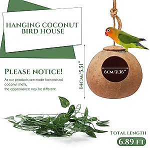Skylety 3 Pcs Coconut Bird Nest Hut Hanging Bird House Coconut Hide with 6.9 Feet Fake Vines Coconut Fiber Shell Small Bird Cage Accessories for Parrot Parakeet Canary Reptile Crested Gecko Hamster