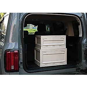 The foldable outdoor camping storage box has a large capacity of 40L, the foldable storage box equipped with a wooden cover and rollers can be used for indoor,car trunk and camping.