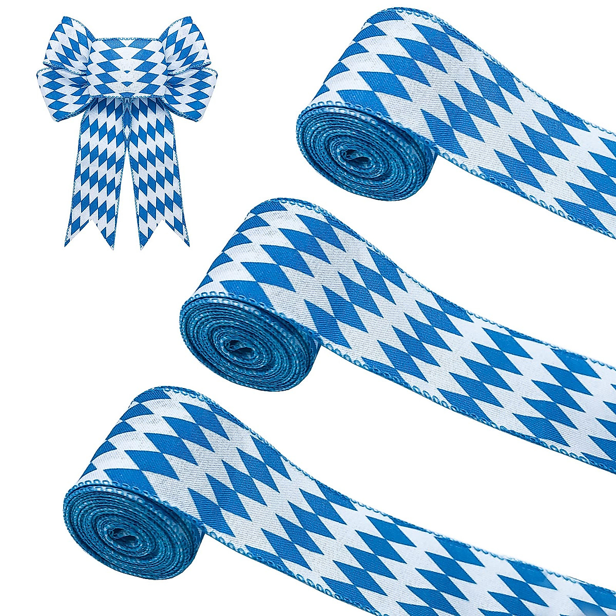 Wehhbtye 20 Yard Oktoberfest Wired Edge Ribbon - 2.5Inch Blue and White Diamond Check Wired Edge Ribbon Oktoberfest Bavarian Gingham Decorative Ribbon for DIY Craft Wrapping Bow Home Party Decor