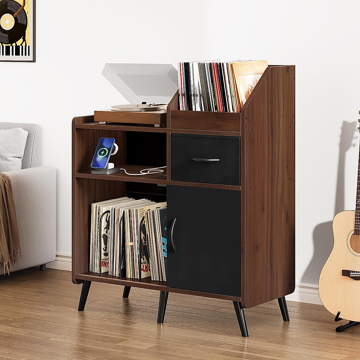 YITAHOME Record Player Stand with Storage, Wooden Turntable Stand with Sliding Door, Record Player Table with Charging Station & USB Ports for Living Room, Bedroom, Office