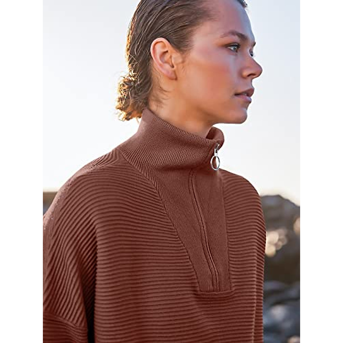 ANRABESS Oversized Sweater for Women Quarter Zip Pullover Casual Long Sleeve Half Zip Collared Lapel V Neck Baggy Slouchy Knitted Tunic Jumper Clothes 2023 Fall 802xiuhong-M Rust