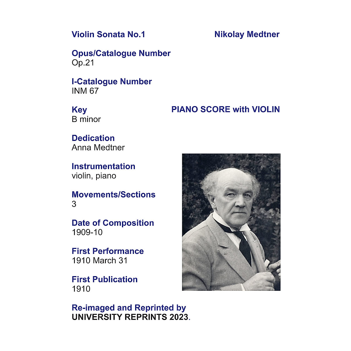 Violin Sonata No.1, Op.21 by Nikolay Medtner - Complete Score, All Movements (Student Facsimile)