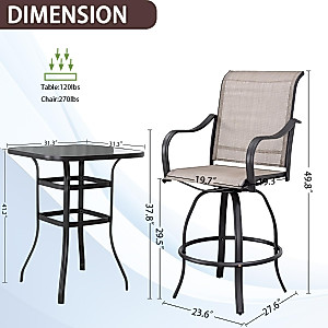 ARTLOFT 3 Piece Patio Bar Set Outdoor High Top Table and Chairs 360° Swivel Chairs Tall Patio Table with Tempered Glass Top Outdoor Bistro Furniture for Porch, Yard, Garden, Balcony, Deck (Grey)