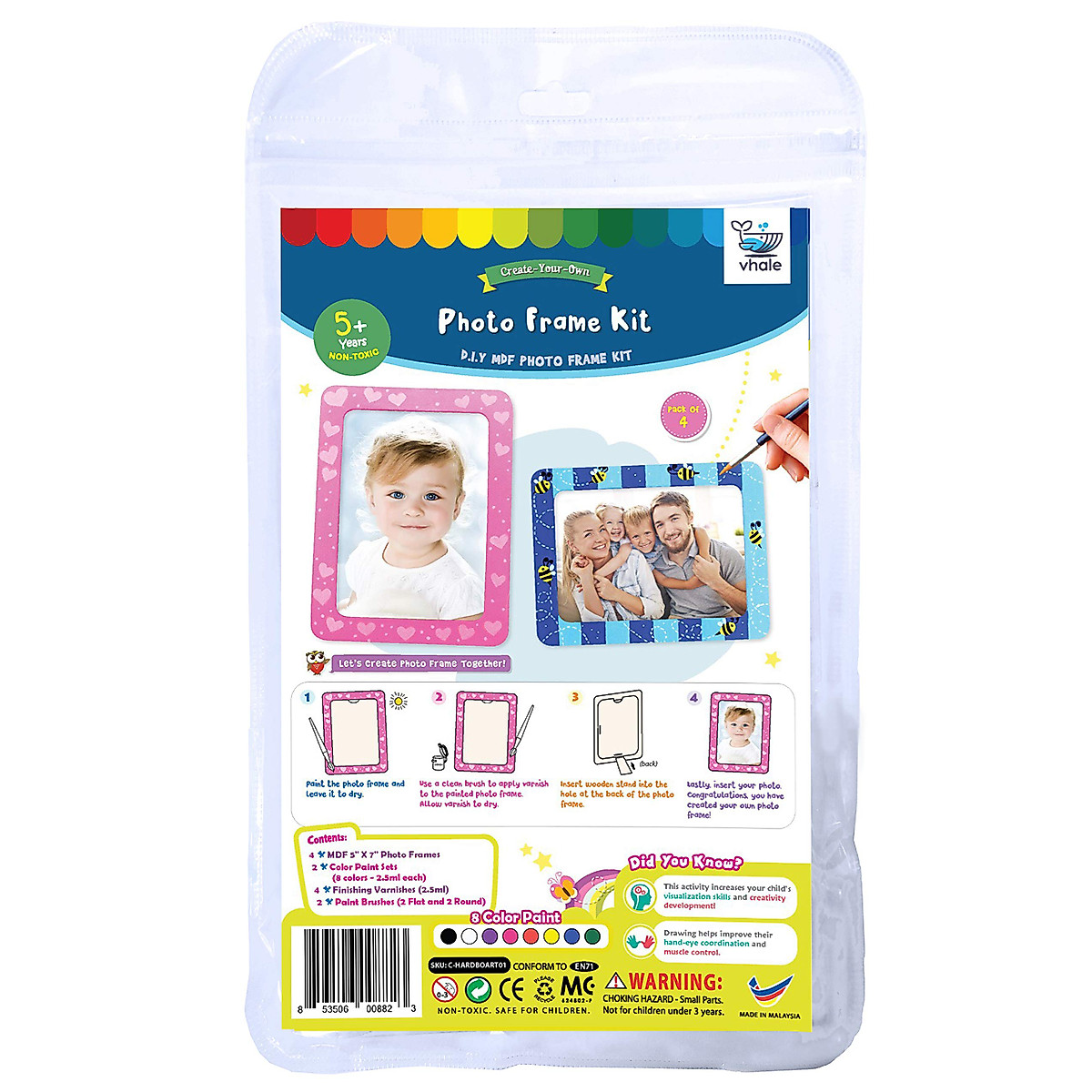 VHALE DIY Paint Your Own Picture Frame, 4 Sets of MDF Wood Photo Frames (5 x 7 inch) with Stand, for Children to Paint and Decorate, Classroom Arts and Crafts, Party Favors for Kids