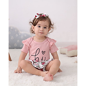 SOLOYEE Baby Girl Clothes,3PCS Ruffled Jumpsuit Tops + Floral Trousers + Floral Headband,Infant Toddler Baby Girl Suit