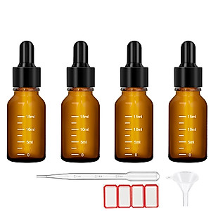 4Pcs Dropper Bottles Tincture Bottles with Dropper Glass 0.5oz 15ML Thick Amber Leakproof Essential Oils Bottles Eye Dropper Bottles with 1 Funnel & 4 Labels