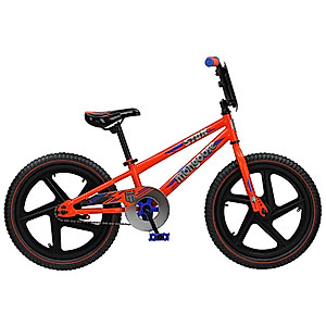 Mongoose Stun Freestyle BMX Kids Bike, Mag Wheels, Small Stand-Over Steel Frame, Chain Guard, Foot Brake, Boys and Girls 5 - 7 Years Old, 18-Inch Wheels, Blue/Orange