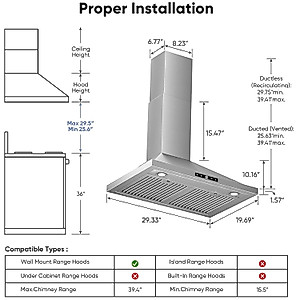 VIKIO HOME Wall Mount Range Hood 30 inch, 580 CFM, Ducted/Ductless Convertible, Stainless Steel Kitchen Vent Hood with 3-Speed Fan and LED Lights