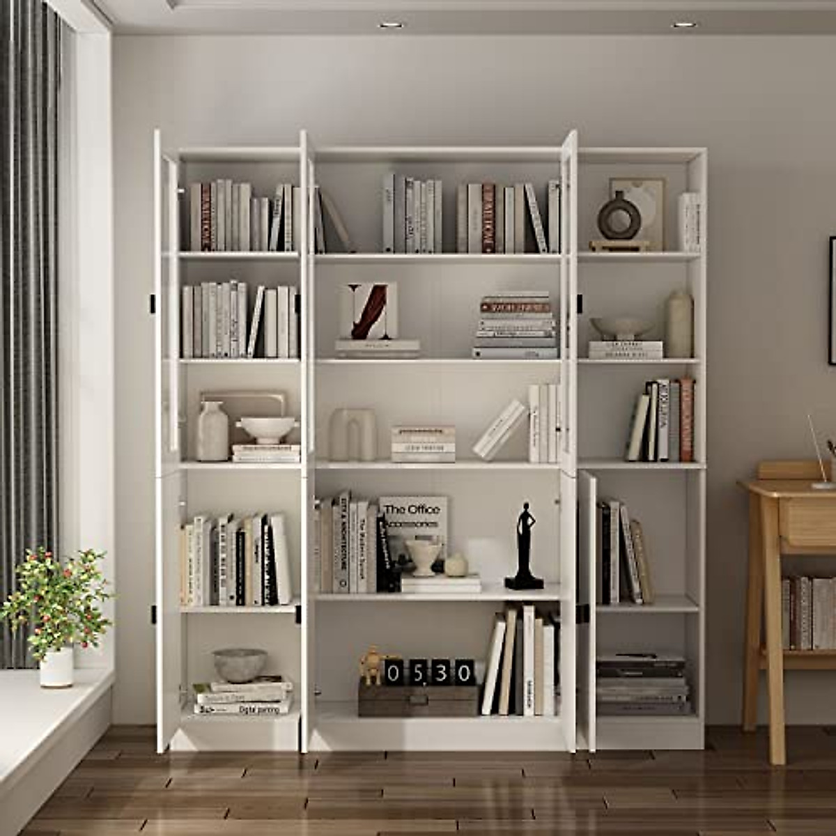 FAMAPY Storage Cabinet Set Bookcase Cabinet Display Cabinet with Glass Doors, Bookcase with Doors, Open Shelves, Black Handles, for Living Room White (62.9”W x 12.2”D x 70.9”H)