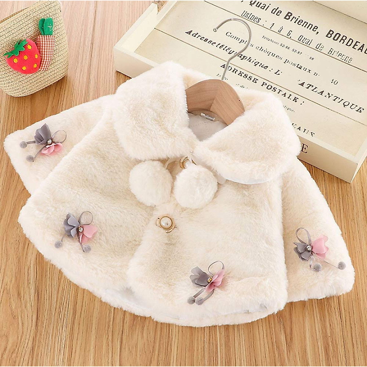 VIENNAR Infant Toddler Baby Girls Cute Winter Warm Thick Fur Capes Cardigan Cloak Coat with Bow Pom-Pom Balls (White, 6-12 Months)