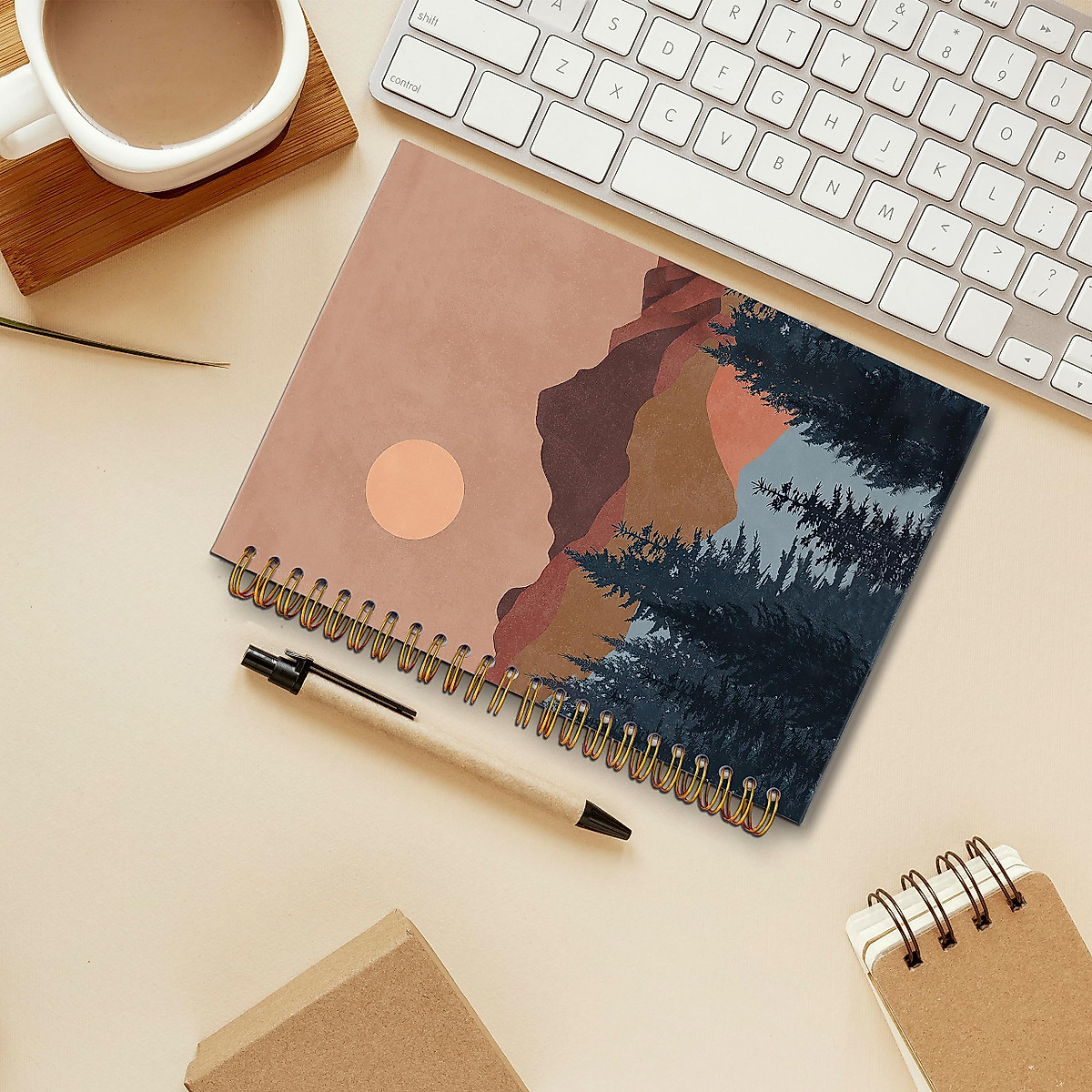 Lacosu Abstract Boho Sun Mountain Spiral Notebook,Laminated Hard Cover,College Ruled 5.5×8.3 Inches，Office College Supply,Journal Notebooks for Journaling Writing Work Office College,Boho Gifts