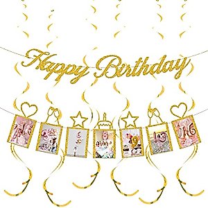 Concico Birthday decorations - Gold Happy Birthday Photo banner and Hanging Swirls of Birthday party decor(Gold)