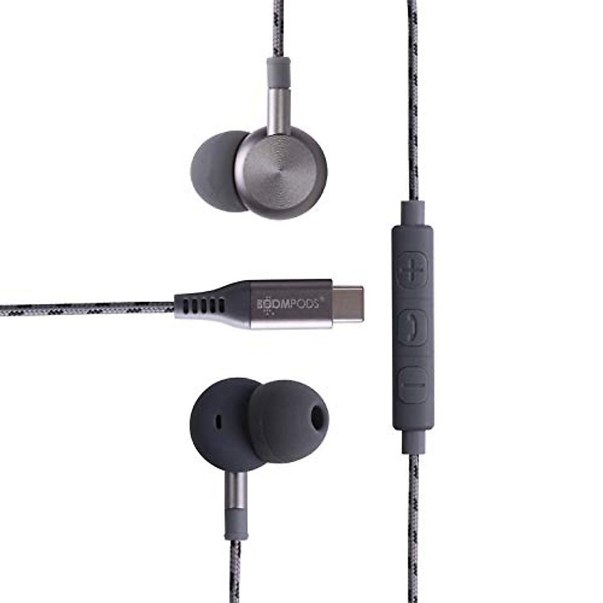 BoomPods Digibuds USB-C Headphones - Best in-Ear Digital Earbuds with USBC Type Connector, Fabric Braided Cable, Sweatproof, Wired Inline Controls for Seamless Entertainment (Graphite)