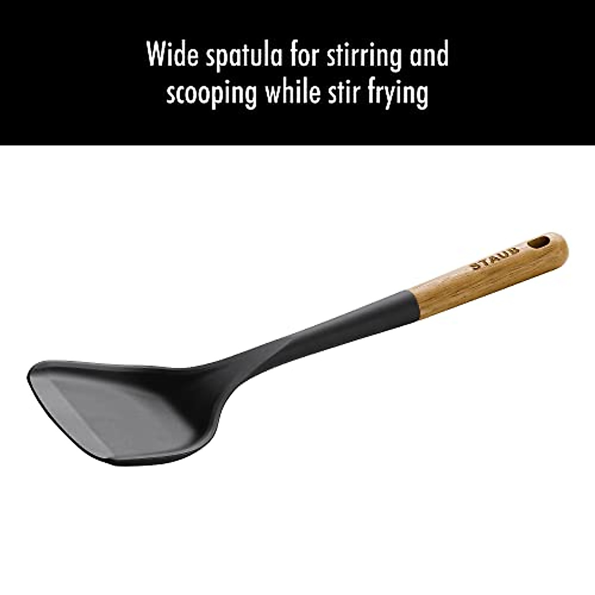 STAUB Wok Spatula, Perfect for Scooping, Flipping, Stirring, and Turning Stir Fries, One Size, Durable BPA-free Matte Black Silicone, Acacia Wood Handles, Safe for Nonstick Cooking Surfaces
