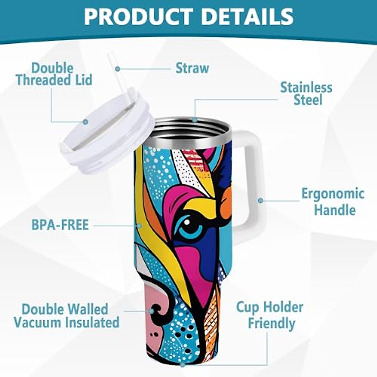 Dog Head Abstract Tumbler with Handle and Straw 30-40 Lid Cup Holder Compatible for Travel Insulated Stainless Steel Cup Food Grade PP Gifts for Him Her BPA-free