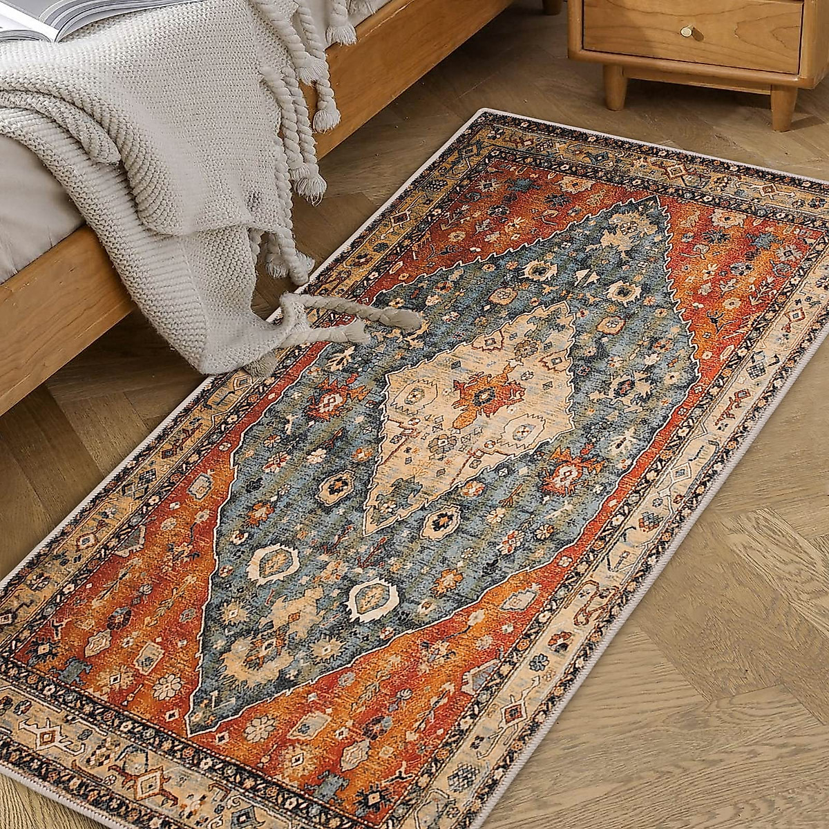 COMSLE Boho Area Rug, 2' x 4' Machine Washable Rugs for Entryway Faux Wool Small Rugs Distressed Throw Rug Non-Slip Floor Carpet for Indoor Bedroom Kitchen Living Room