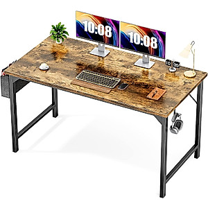 Sweetcrispy Computer Desk - Office 48 Inch Writing Work Student Study Modern Simple Style Wooden Table with Storage Bag & Iron Hook for Home Bedroom - Rustic Brown