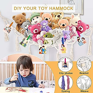 Newmemo Stuffed Animal Hammock Macrame Toy Hammock Stuffed Animal Net with Tassels Macrame Corner Plush Toys Net Holder Hanging Netting with Wooden Photo Clips for Boho Nursery Play Room Kids Bedroom